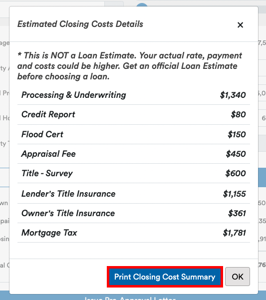 Generate a PDF of Closing Costs